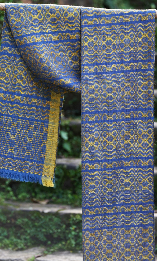 Avani | Almora Pattern Tussar Silk & Merino Wool Shawl | Indigo and Yellow