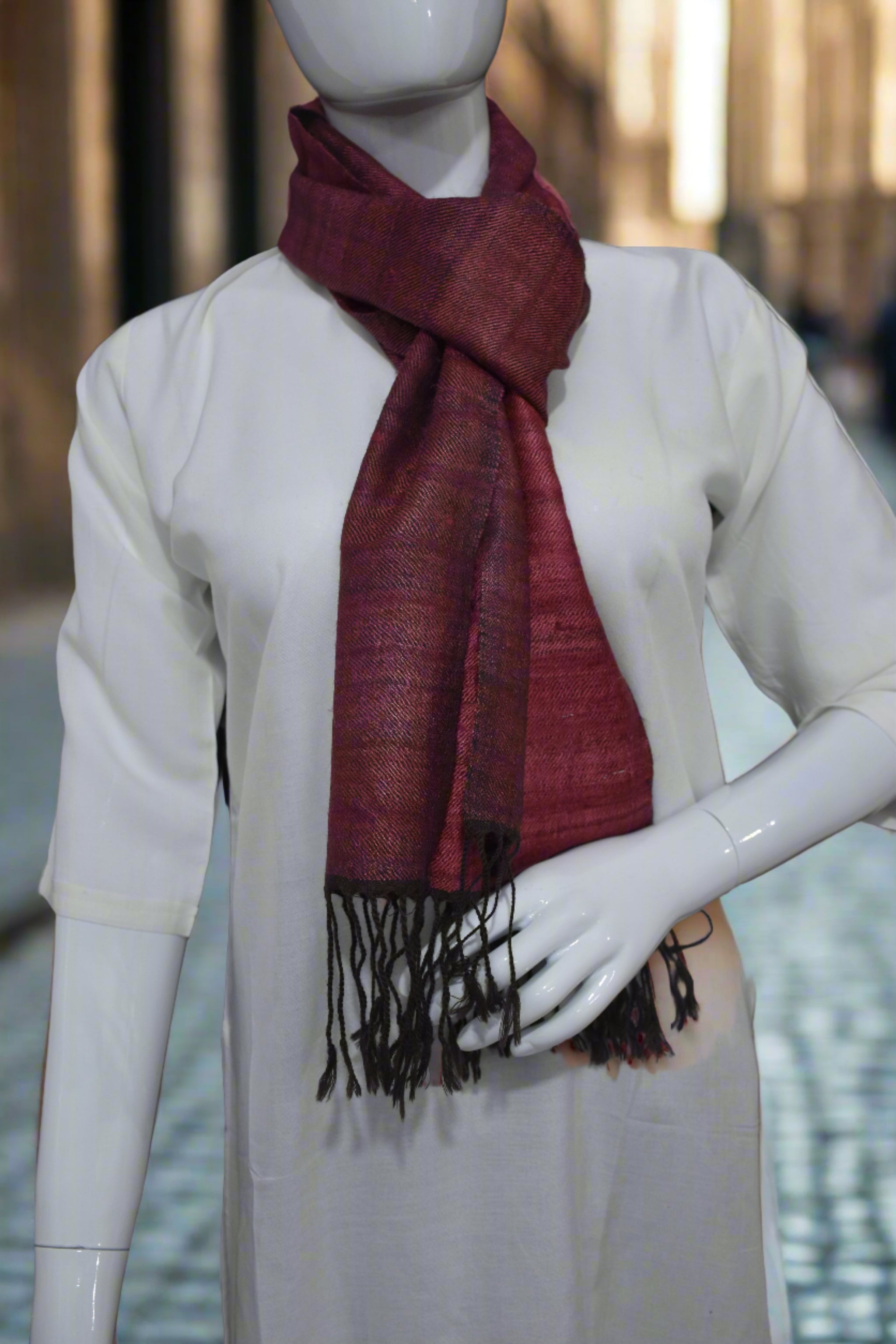 Avani | Silk Wool Scarf | Magenta with Black Fringes
